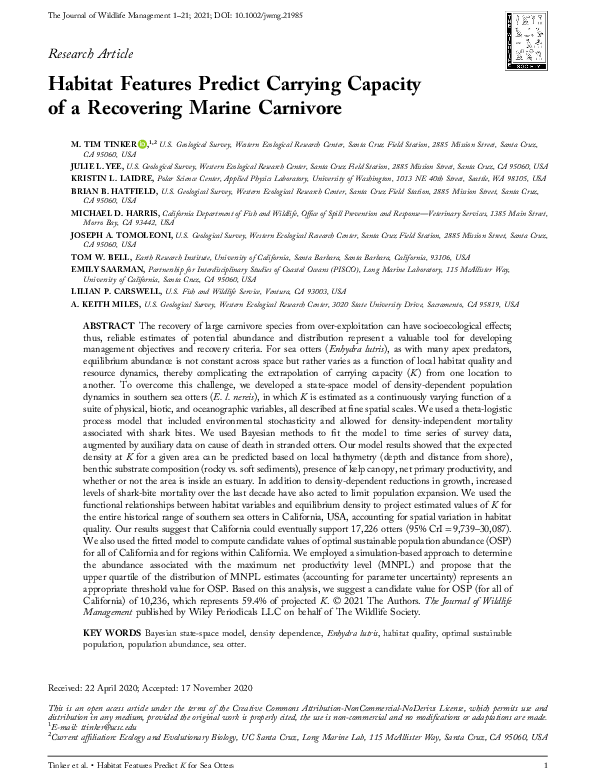 (PDF) Habitat Features Predict Carrying Capacity of a Recovering Marine ...