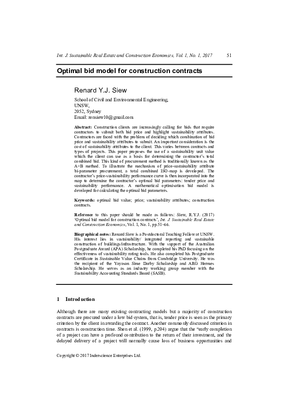 (PDF) Optimal bid model for construction contracts