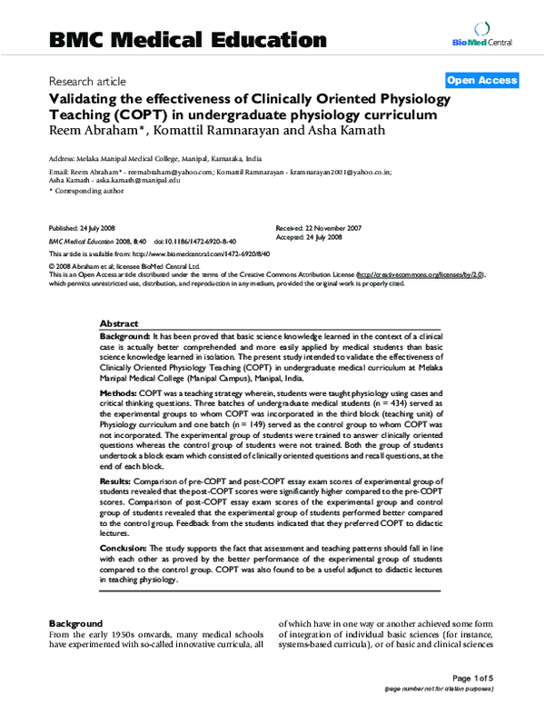 (PDF) Validating the effectiveness of Clinically Oriented Physiology Teaching (COPT) in ...
