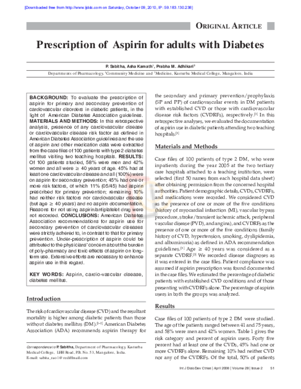 (PDF) Prescription of aspirin for adults with diabetes