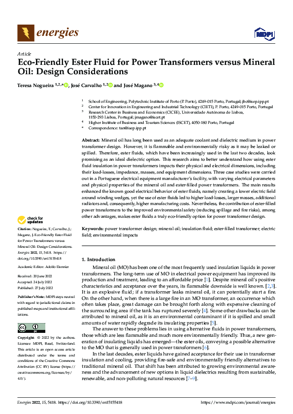 (PDF) Eco-Friendly Ester Fluid for Power Transformers versus Mineral ...