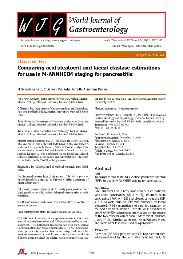 (PDF) Comparing acid steatocrit and faecal elastase estimations for use ...