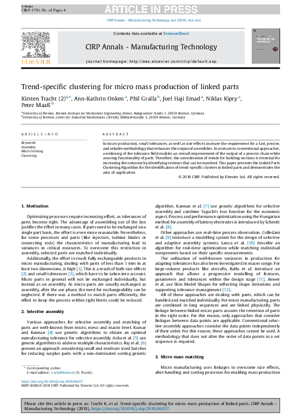 (PDF) Trend-specific clustering for micro mass production of linked parts