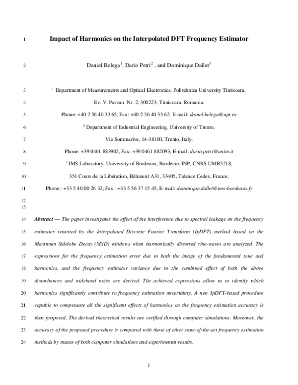 (PDF) Impact of harmonics on the interpolated DFT frequency estimator