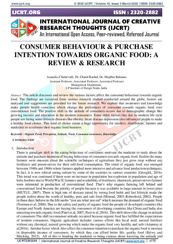 (PDF) Consumer Behaviour & Purchase Intention Towards Organic Food: A Review & Research