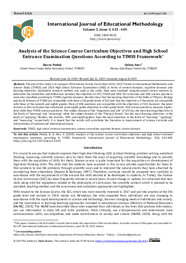 (PDF) Analysis of the Science Course Curriculum Objectives and High School Entrance Examination ...