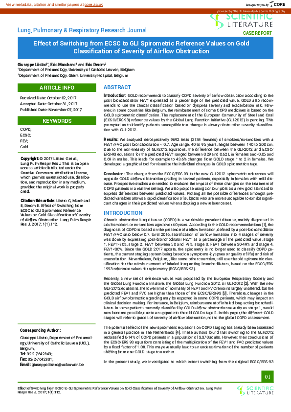Pdf Effect Of Switching From Ecsc To Gli Spirometric Reference Values On Gold Classification