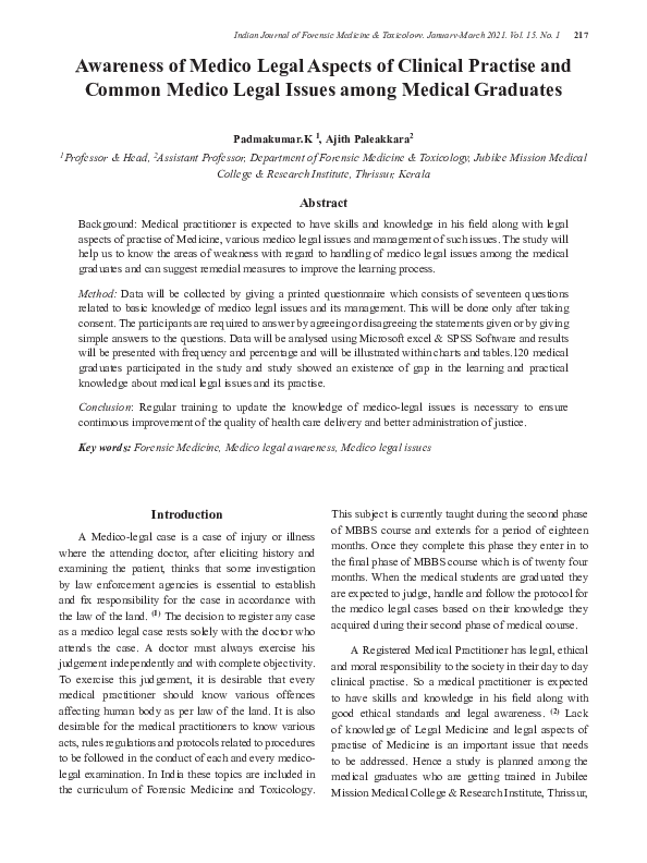 (PDF) Awareness of Medico Legal Aspects of Clinical Practise and Common ...