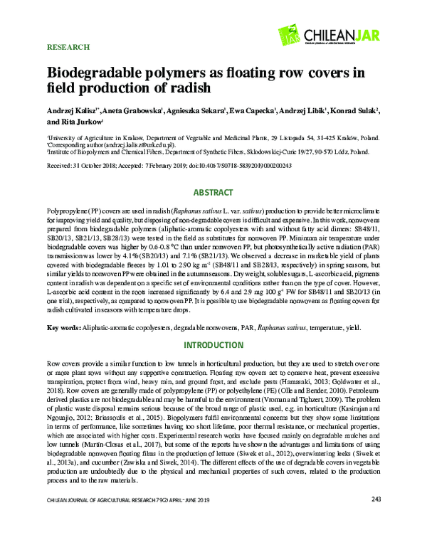 (PDF) Biodegradable polymers as floating row covers in field production of radish