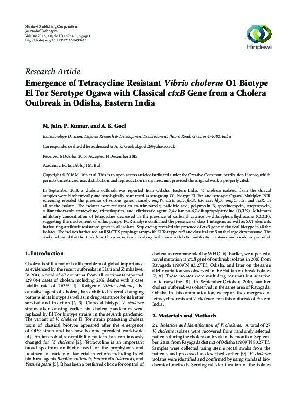 (PDF) Emergence of Tetracycline Resistant Vibrio cholerae O1 Biotype El ...