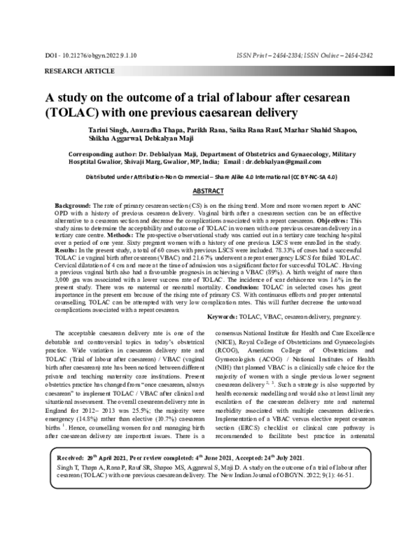 (PDF) A study on the outcome of a trial of labour after cesarean (TOLAC ...