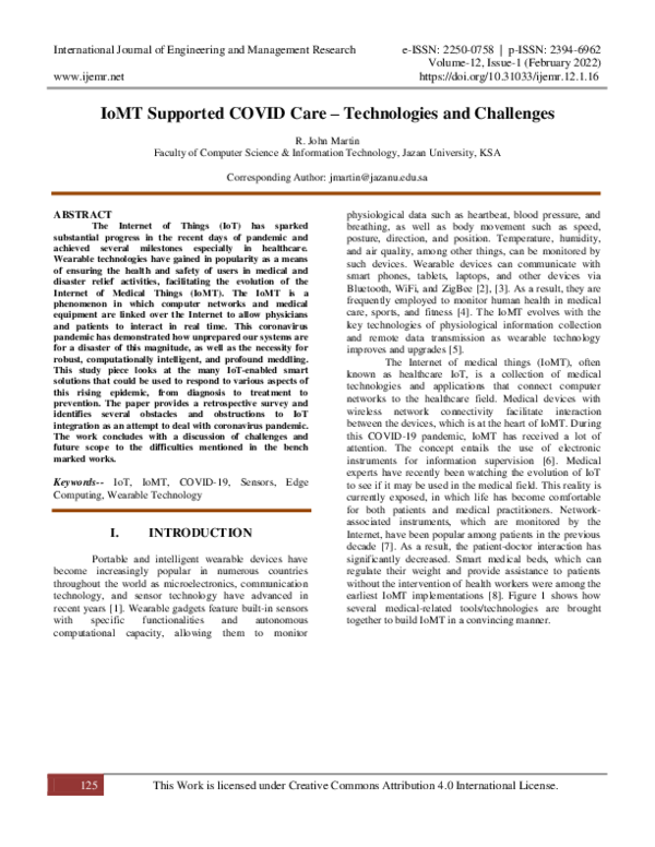 (PDF) IoMT Supported COVID Care -Technologies and Challenges