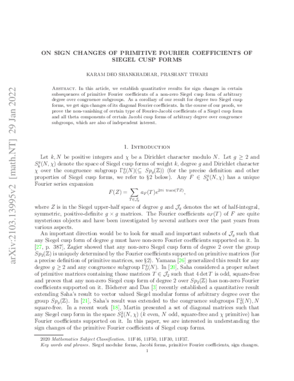 (PDF) On sign changes of primitive Fourier coefficients of Siegel cusp forms