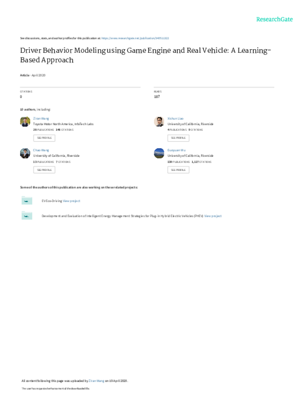 Pdf Driver Behavior Modeling Using Game Engine And Real Vehicle A Learning Based Approach