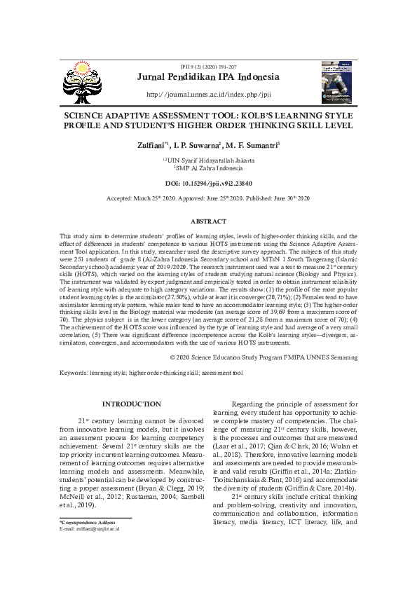 (PDF) Science Adaptive Assessment Tool: Kolb’s Learning Style Profile ...