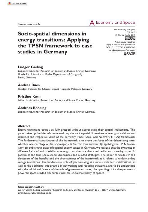 (PDF) Socio-spatial dimensions in energy transitions: Applying the TPSN framework to case ...