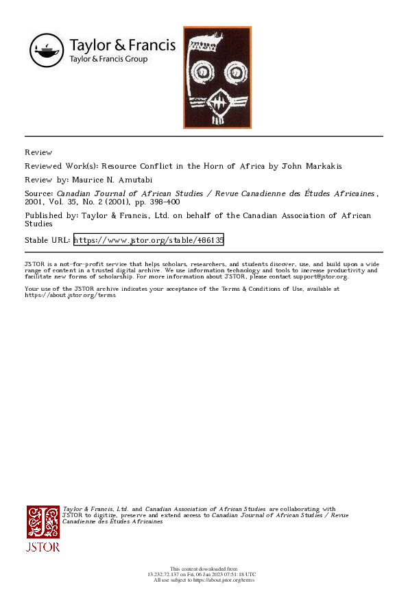 (PDF) Resource Conflict in the Horn of Africa by John Markakis Review ...