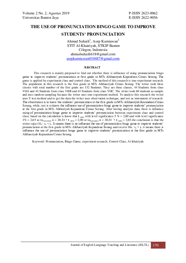 (PDF) The Use of Pronunciation Bingo Game to Improve Students ...