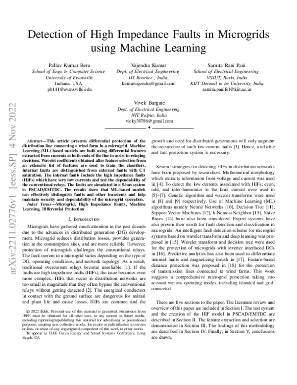 Pdf Detection Of High Impedance Faults In Microgrids Using Machine Learning