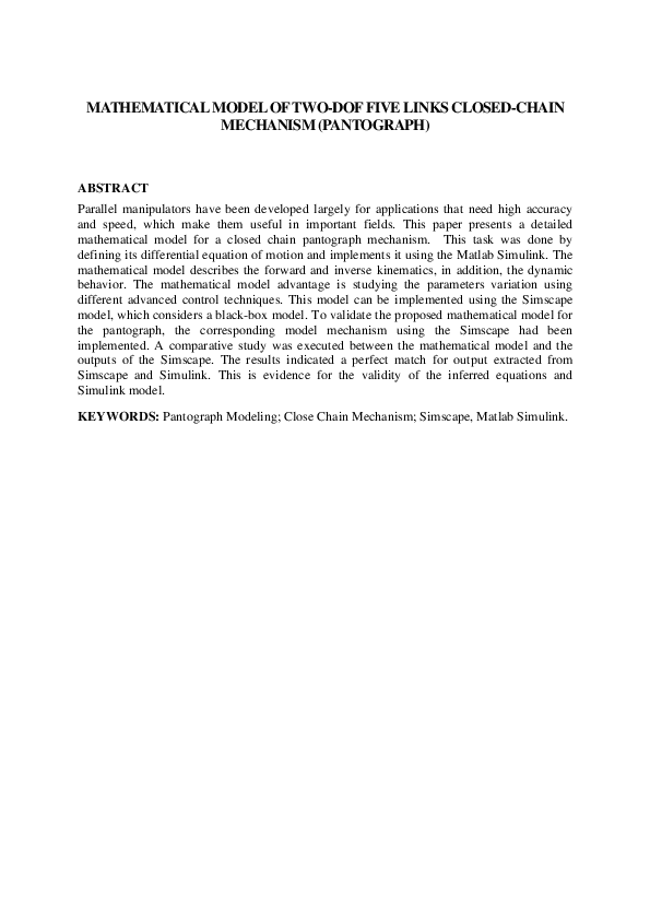 (PDF) Mathematical Model of Two-Dof Five Links Closed-Chain Mechanism (Pantograph)