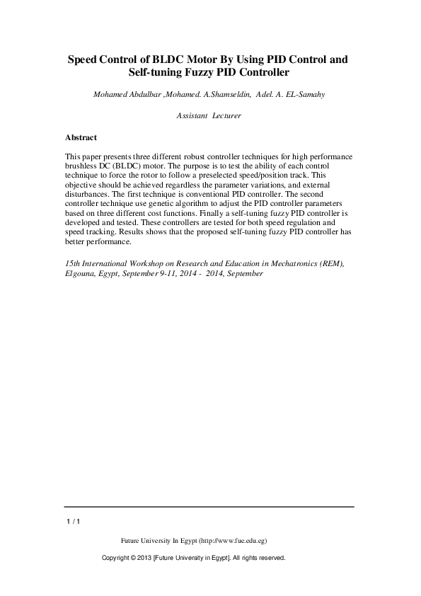 Pdf Speed Control Of Bldc Motor By Using Pid Control And Self Tuning Fuzzy Pid Controller