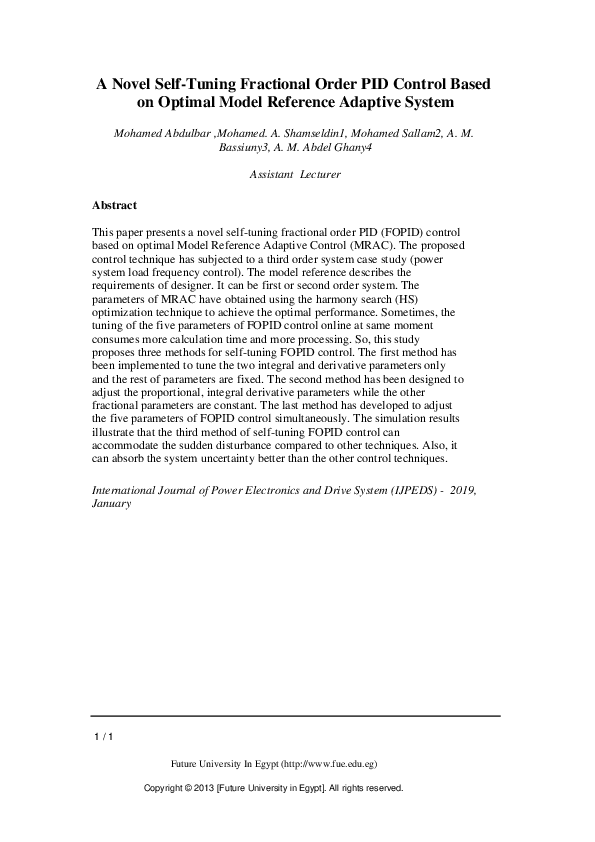 Pdf A Novel Self Tuning Fractional Order Pid Control Based On Optimal Model Reference Adaptive