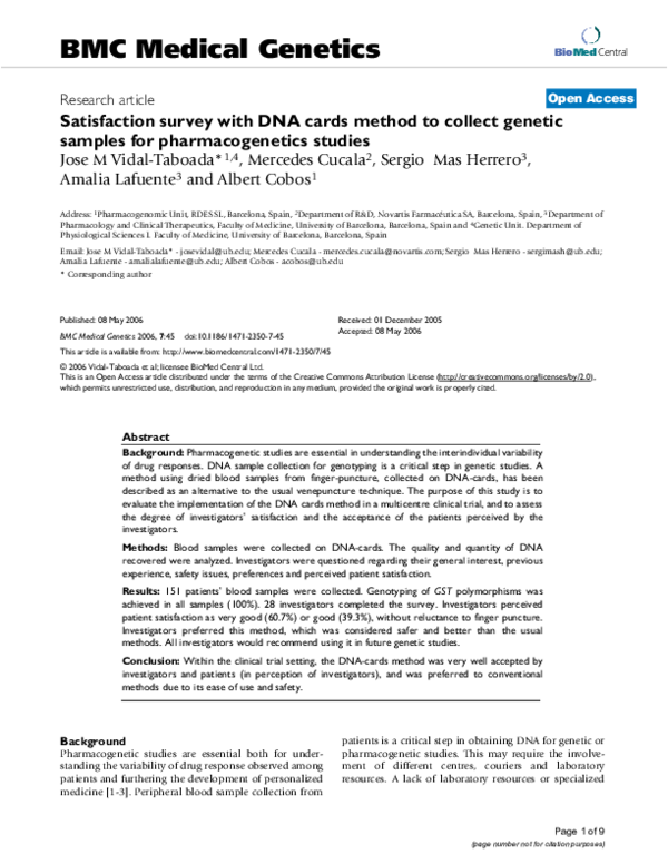 (PDF) Satisfaction survey with DNA cards method to collect genetic ...
