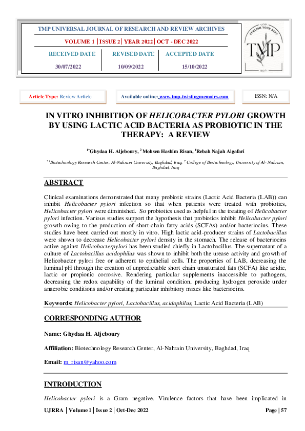 (PDF) IN VITRO INHIBITION OF HELICOBACTER PYLORI GROWTH BY USING LACTIC ...
