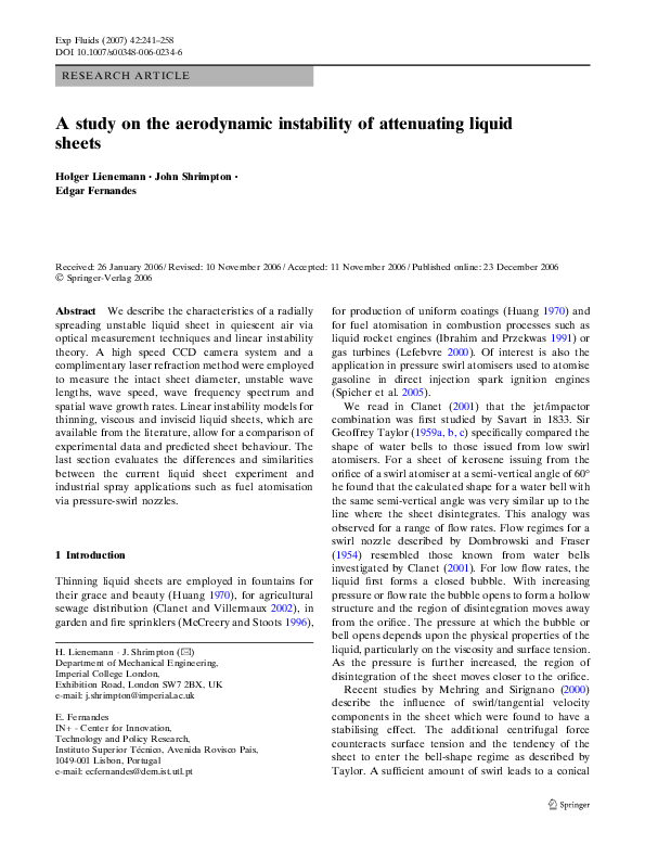 (PDF) A study on the aerodynamic instability of attenuating liquid sheets
