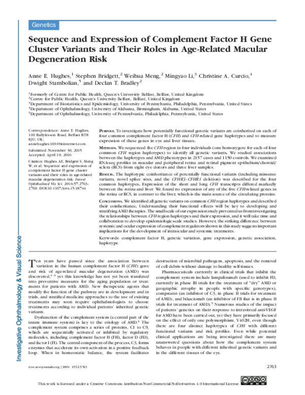 (PDF) Sequence and Expression of Complement Factor H Gene Cluster Variants and Their Roles in ...