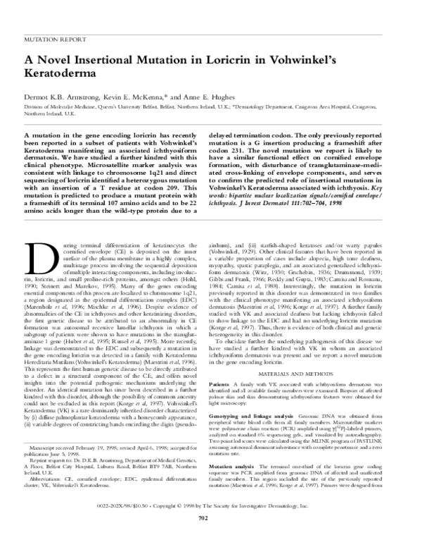 (PDF) A Novel Insertional Mutation in Loricrin in Vohwinkel’s ...
