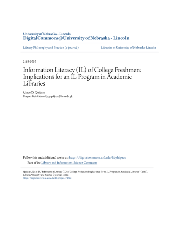 (PDF) Information Literacy (IL) of College Freshmen: Implications for an IL Program in Academic ...