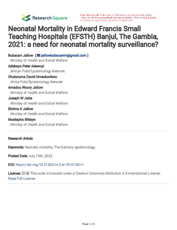 (PDF) Neonatal Mortality in Edward Francis Small Teaching Hospitals ...