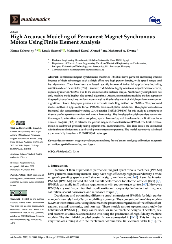 Pdf High Accuracy Modeling Of Permanent Magnet Synchronous Motors Using Finite Element Analysis