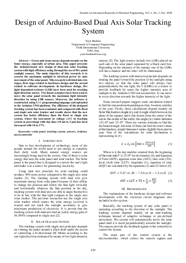 Pdf Design Of Arduino Based Dual Axis Solar Tracking System