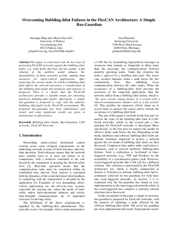 (PDF) Overcoming babbling-idiot failures in the FlexCAN architecture: A simple bus-Guardian