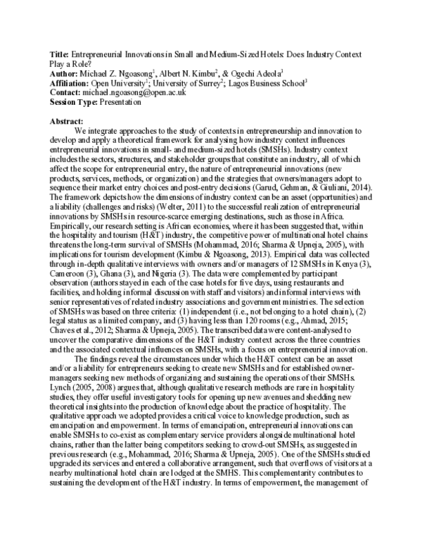 (PDF) Entrepreneurial Innovations in Small and Medium-Sized Hotels ...