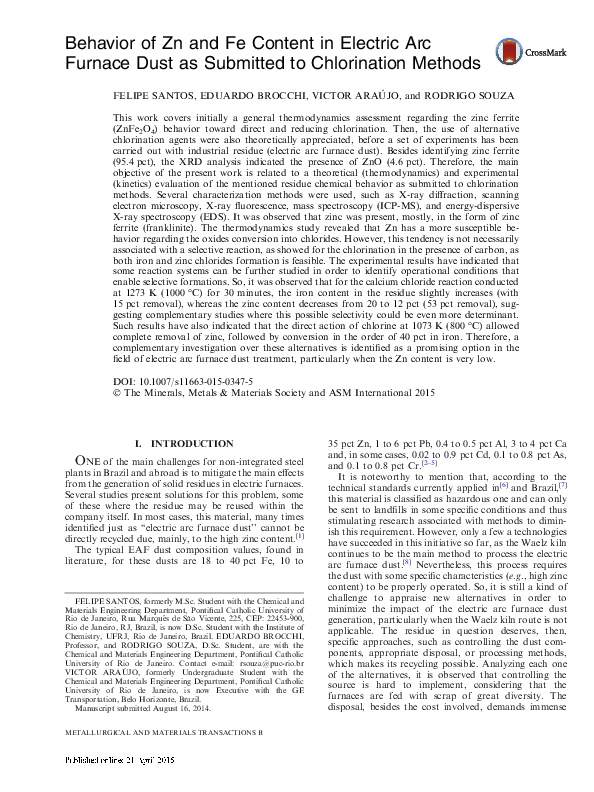 (PDF) Behavior of Zn and Fe Content in Electric Arc Furnace Dust as ...