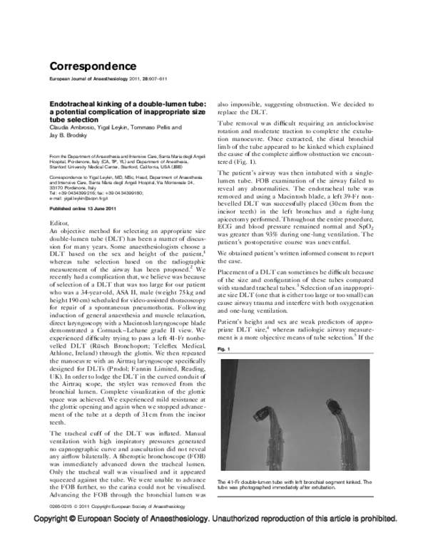 (PDF) Endotracheal kinking of a double-lumen tube