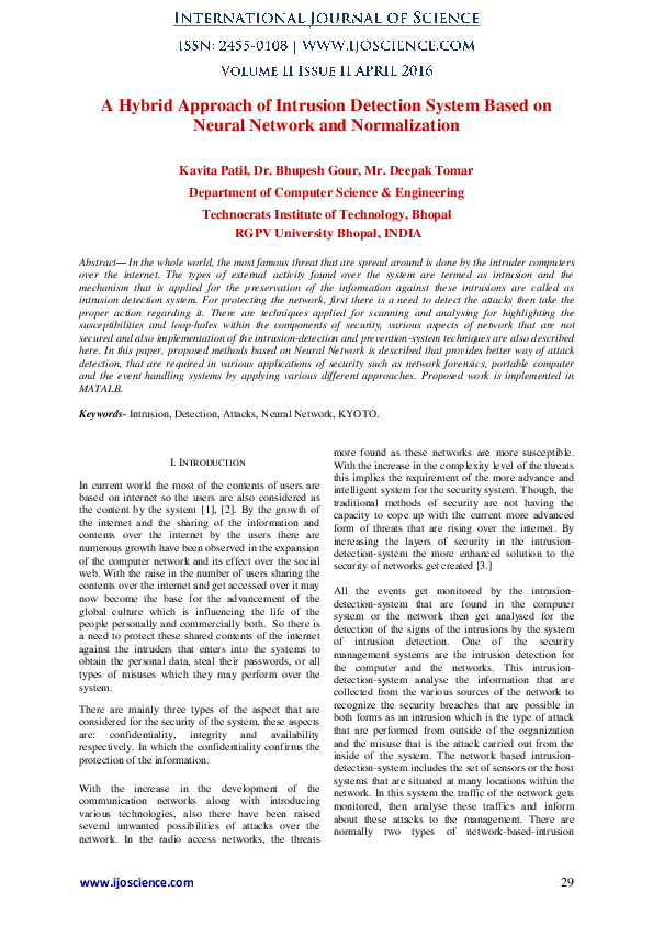 (PDF) A Hybrid Approach of Intrusion Detection System Based on Neural ...