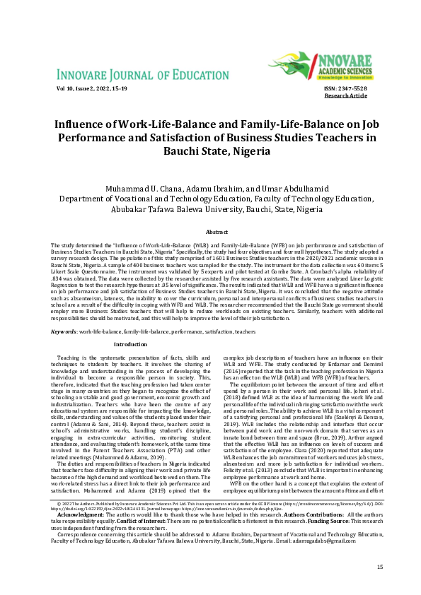 (PDF) Influence of Work-Life-Balance and Family-Life-Balance on Job Performance and Satisfaction ...