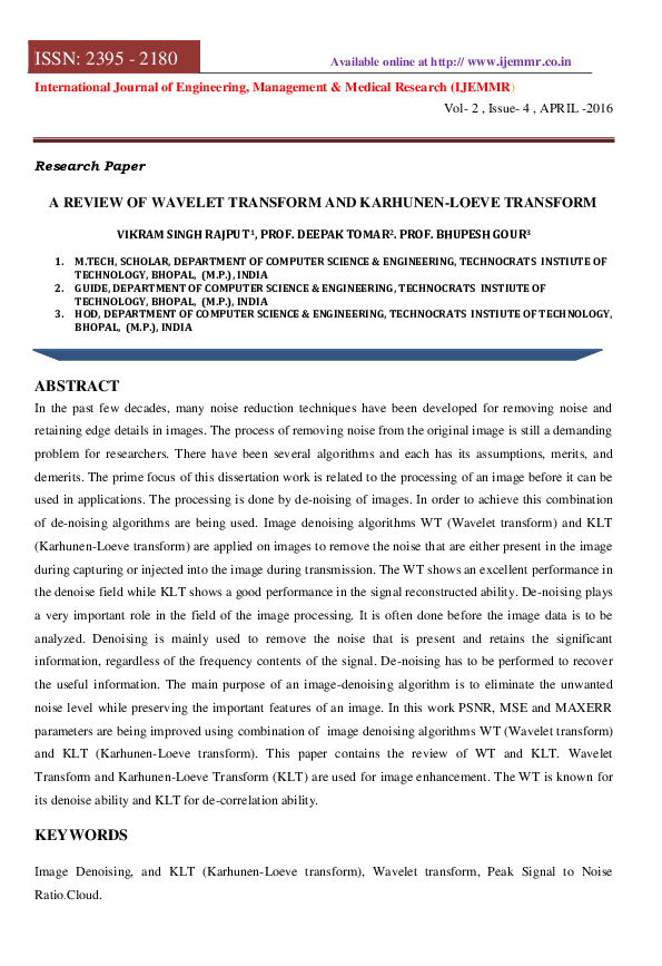 (PDF) A Review of Wavelet Transform and Karhunen-Loeve Transform