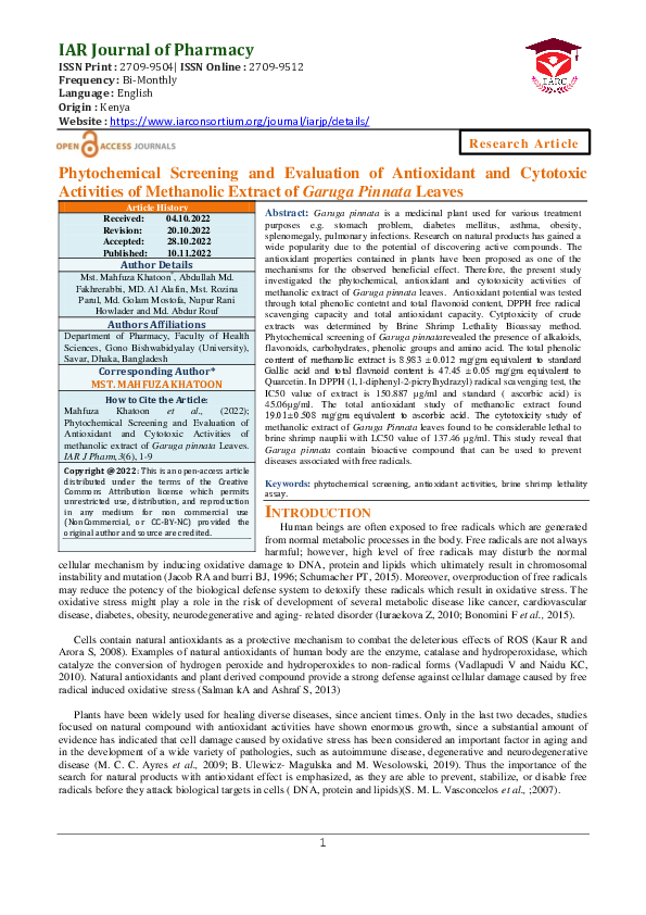 (PDF) Phytochemical Screening and Evaluation of Antioxidant and Cytotoxic Activities of ...