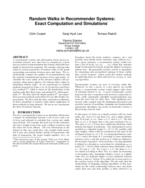 (PDF) Random walks in recommender systems