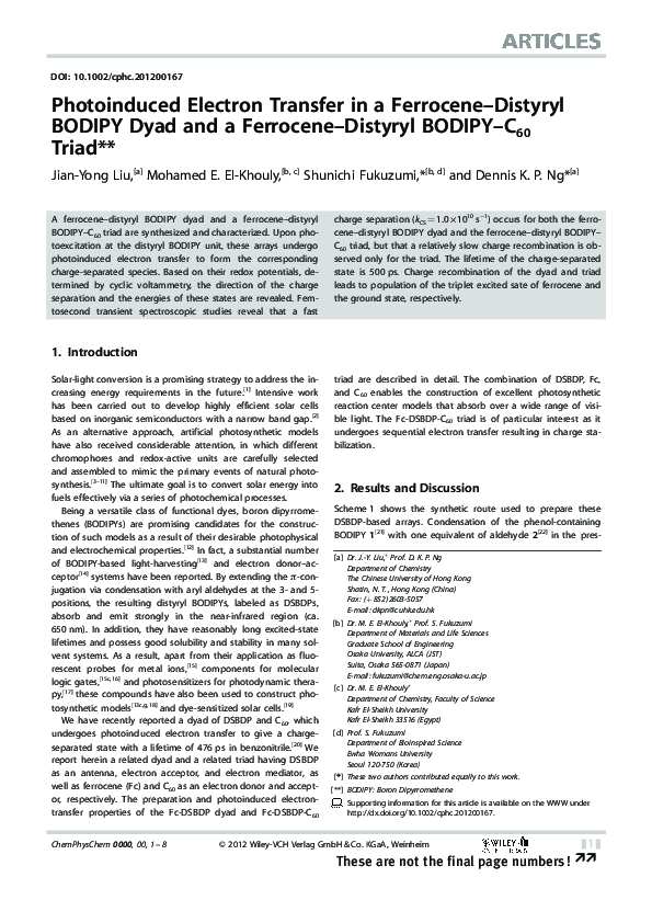 (PDF) Photoinduced Electron Transfer in a Ferrocene-Distyryl BODIPY ...