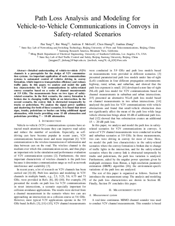 (PDF) Path Loss Analysis and Modeling for Vehicle-to-Vehicle Communications in Convoys in Safety ...