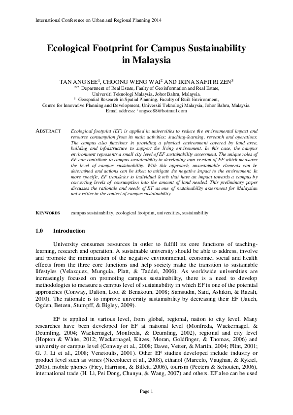 (PDF) Ecological footprint for campus sustainability in Malaysia