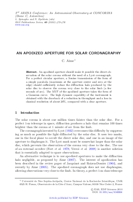 (PDF) An apodized aperture for solar coronagraphy