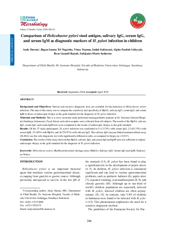 (PDF) Comparison of Helicobacter pylori stool antigen, salivary IgG ...