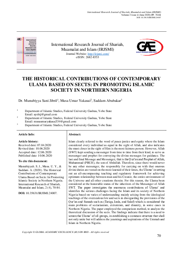 (PDF) The Historical Contributions of Contemporary Ulama Based on Sects ...
